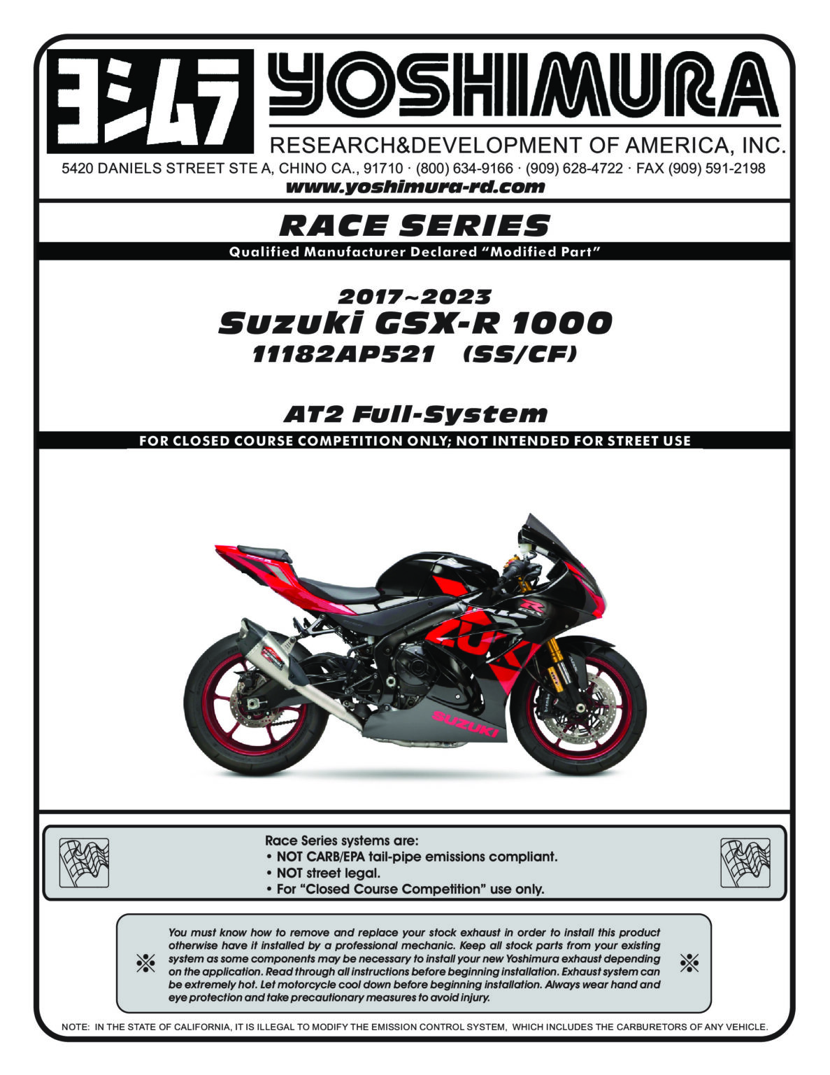 Yoshimura AT2 Race Full Exhaust Stainless Steel Silver Fits 17-24 ...